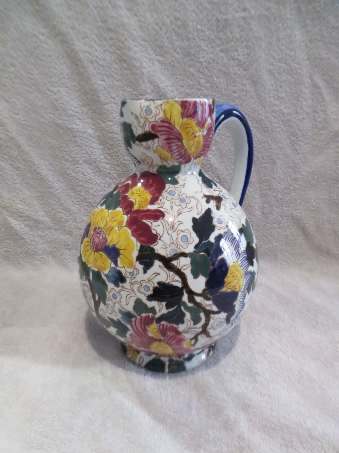 Gien Earthenware Cider Pitcher 1941 Decor Old Mauves Peonies Mid 20th C ...