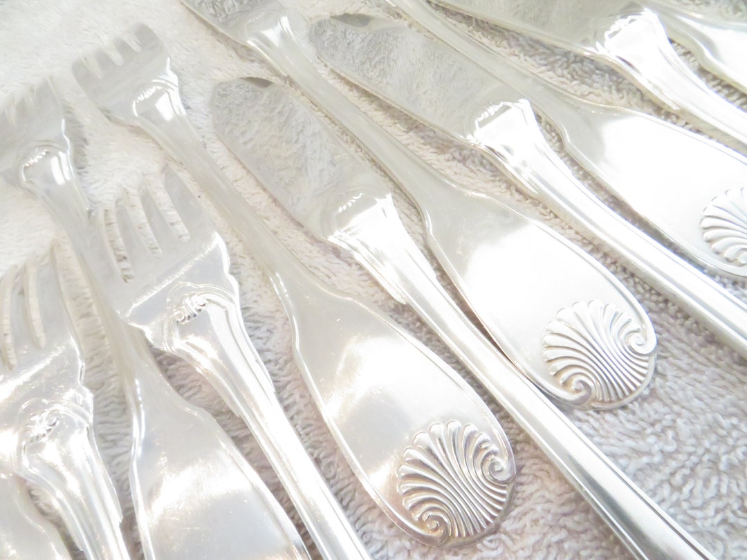 12 Silver Metal Fish Cutlery Decor With Net Shell Goldsmith Christofle ...