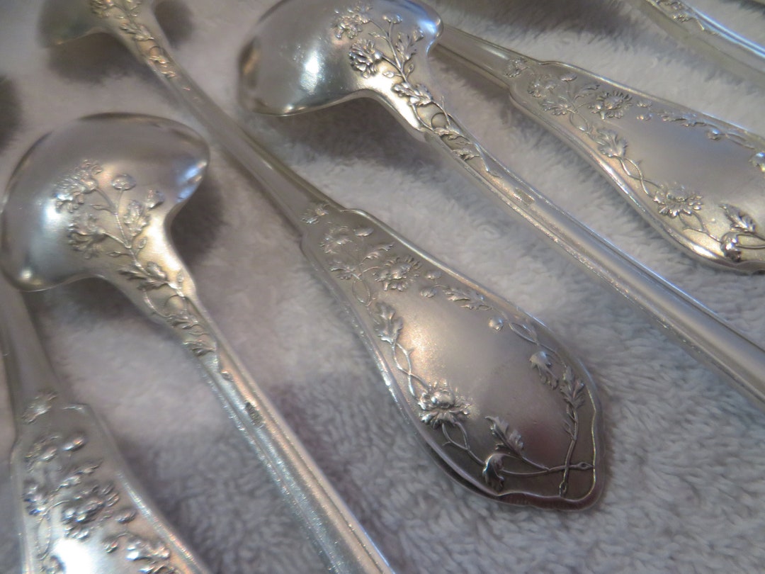 12 Soup Spoons Silver Metal Art Nouveau Style Floral Decor Goldsmith ...