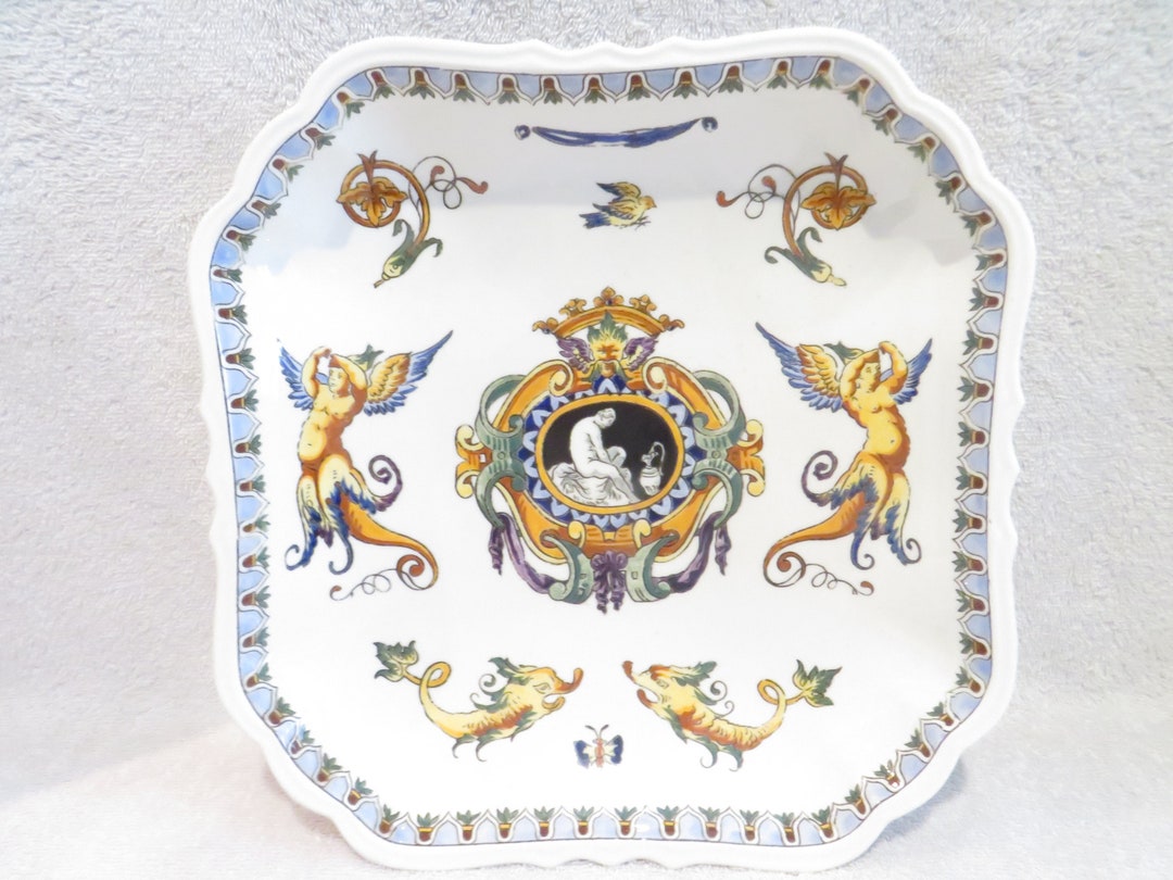 Flat Square 27cm Side Faience Gien Décor Renaissance Background White ...