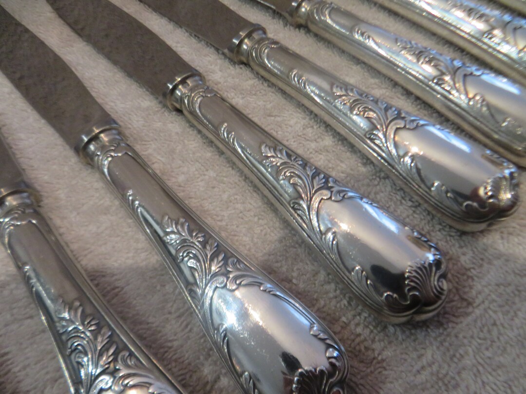 12 Table Knives Silver Metal Handle Goldsmith Christofle Model Marly ...