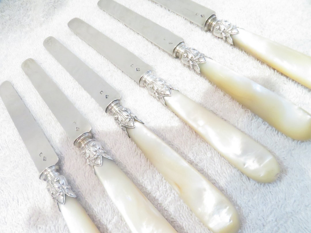 6 Fruit Knives Mother of Pearl Handle Silver Blade 800 Minerve ...