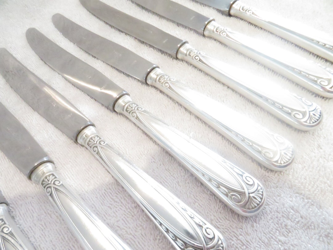 9 Table Knives Silver Metal Handle Late Art Nouveau Style Goldsmith Sun ...