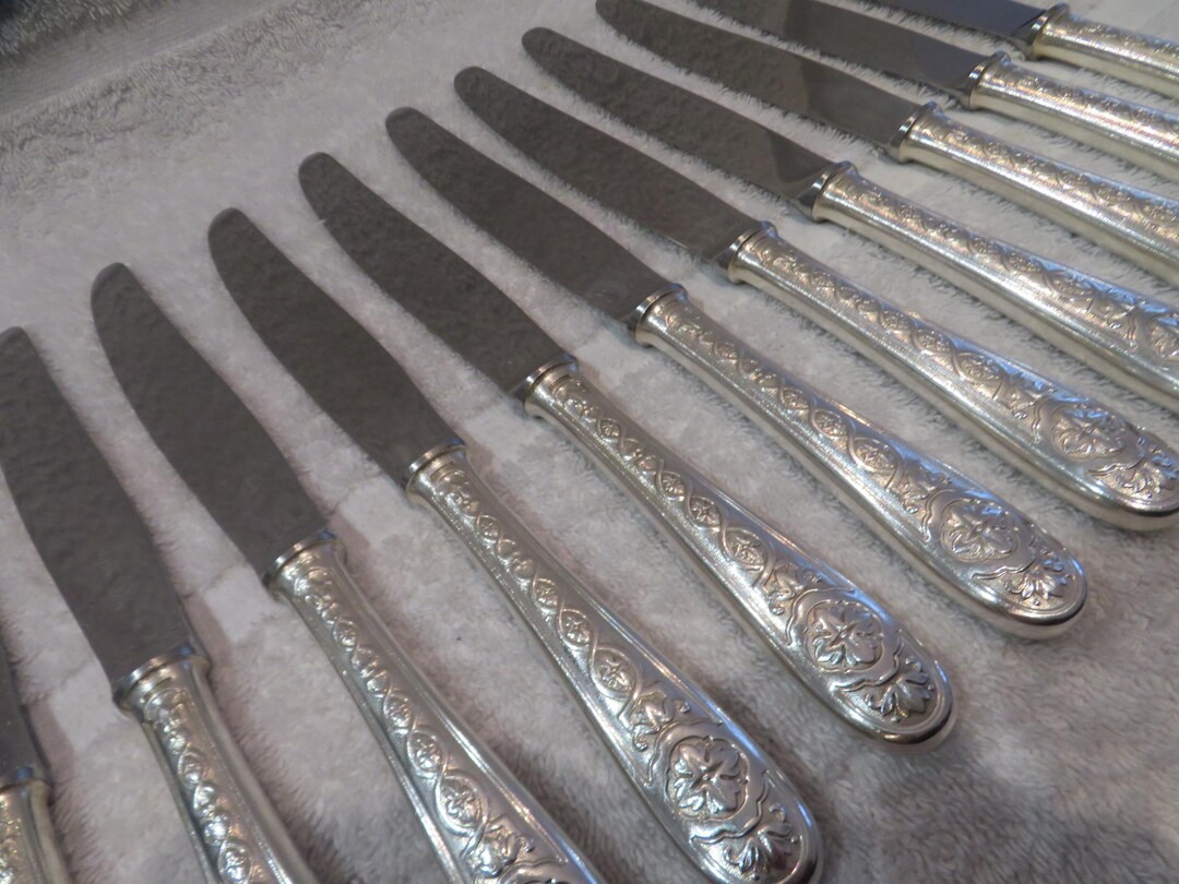 12 Table Knives Silver Plated Metal Handle Goldsmith Christofle Model ...