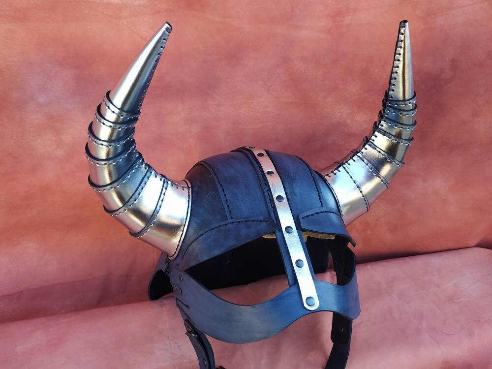 Leather Viking Helmet helmet with horns Steampunk Cap LARP | Etsy