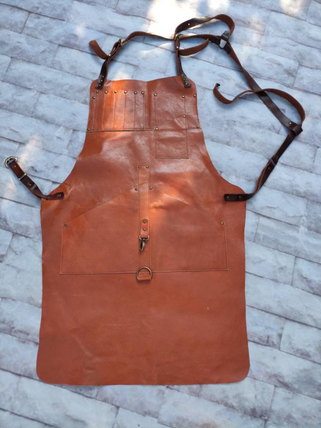 Leather Work Apron With Brass Buckles and Pockets, Geniune Leather ...