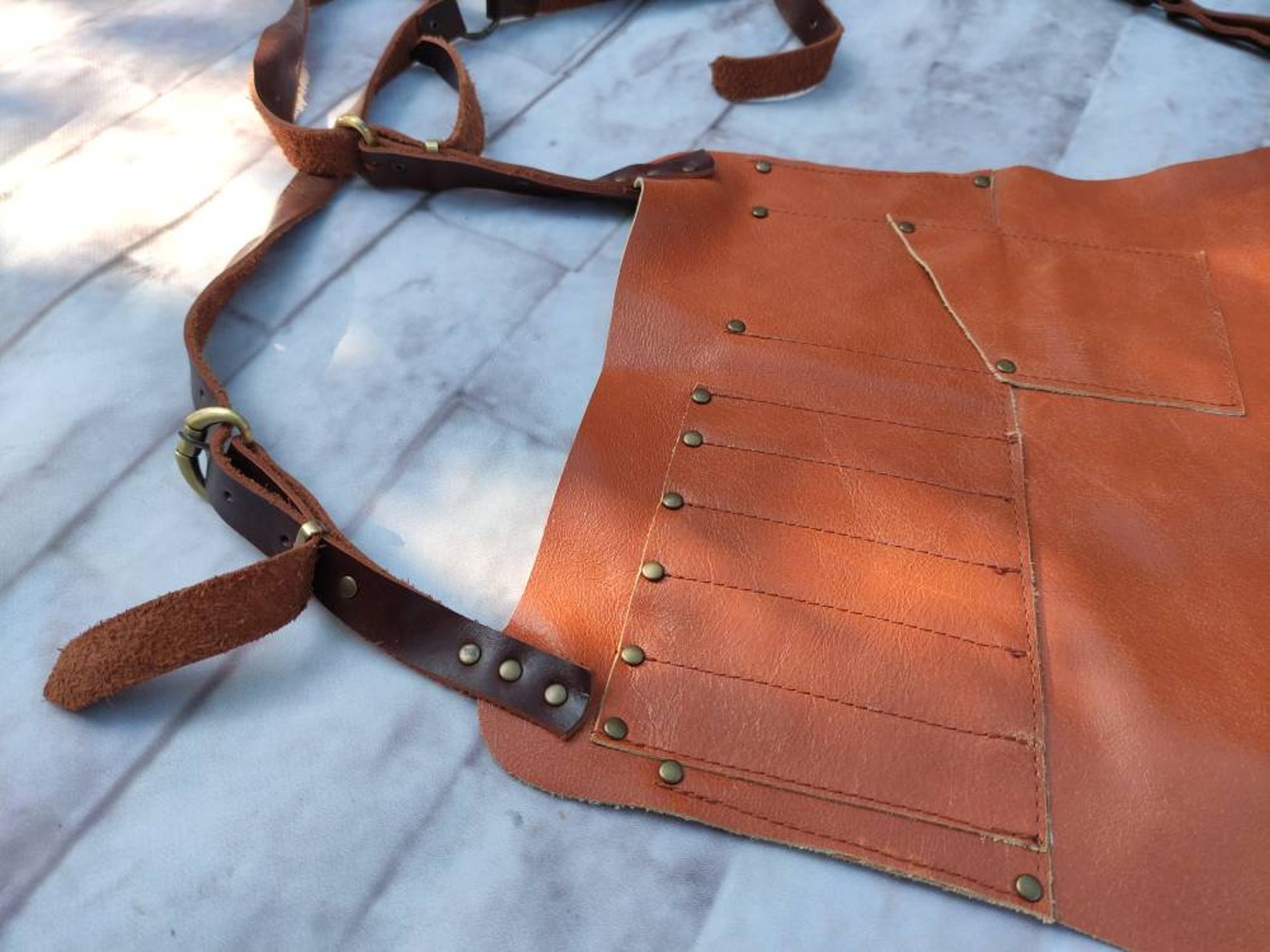 Leather Work Apron With Brass Buckles and Pockets Geniune | Etsy