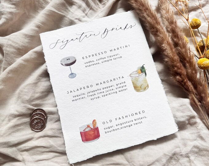 DRINKS BAR MENU - Custom Bar Menu Sign Printed on Handmade Paper With ...
