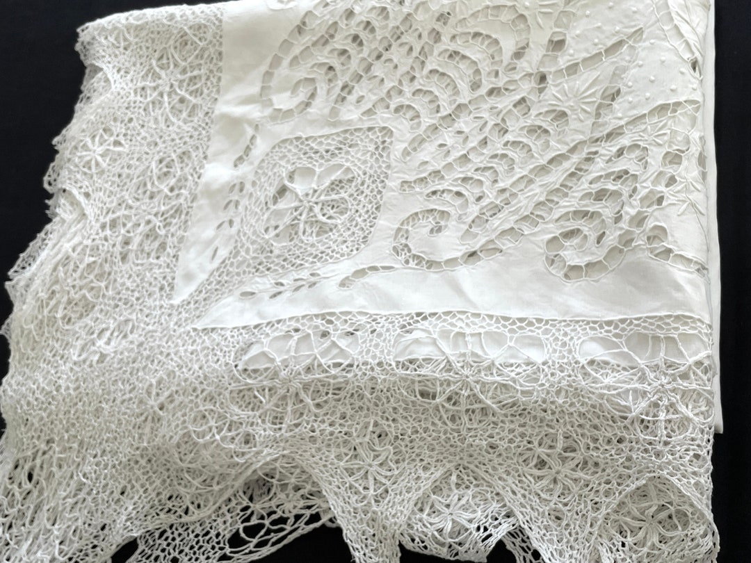 Rare Spectacular Heirloom Eloaborate Linen French Richelieu Tablecloth ...