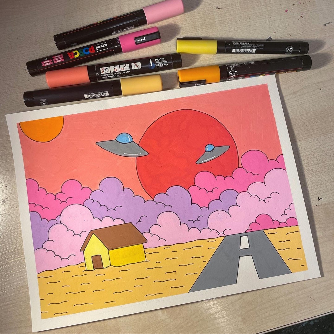 House by the Road/ Trippy Posca Pen Landscape Illustration - Etsy