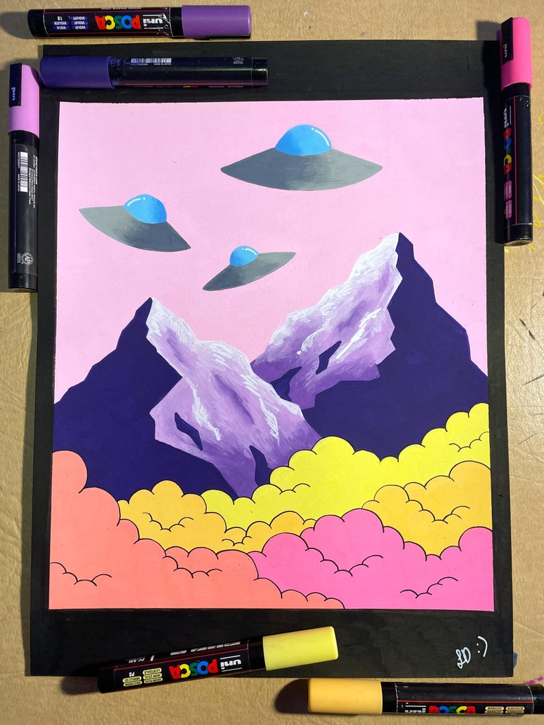 Mountains in the Pink Sky/ Trippy Original Posca Pen Drawing A3 - Etsy