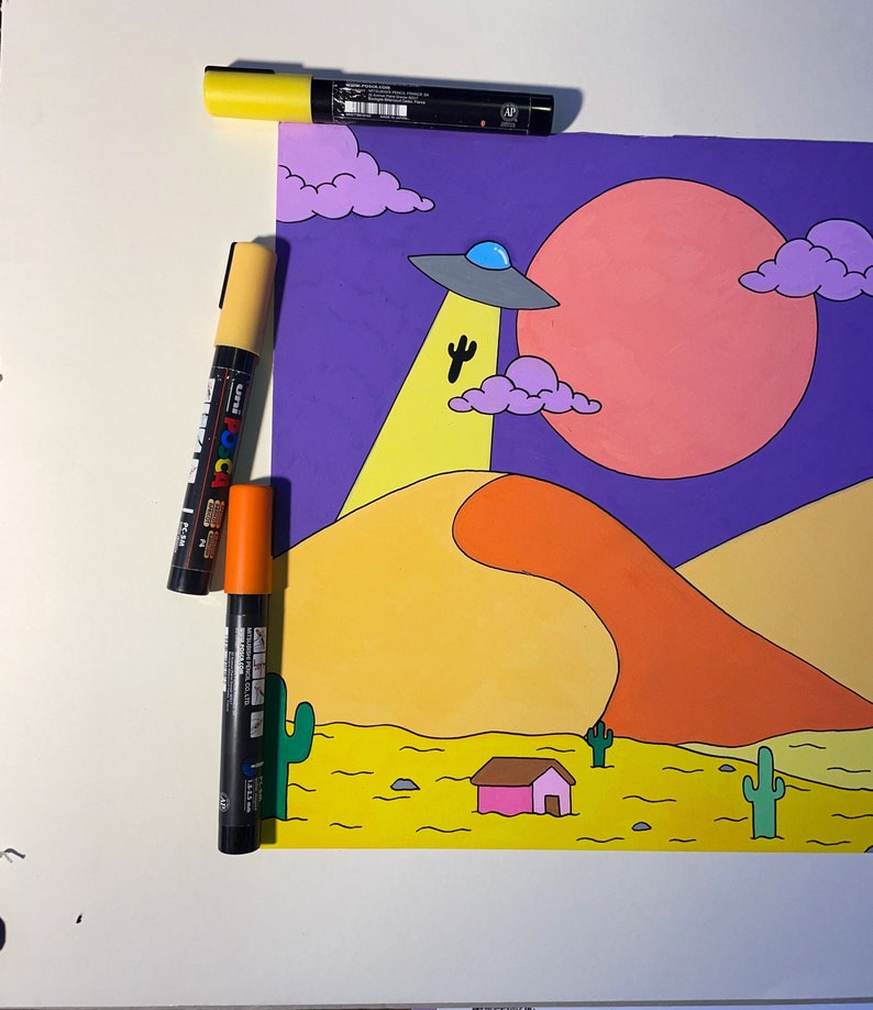 Ufos in the Desert/ Posca Pen Original Landscape Drawing - Etsy