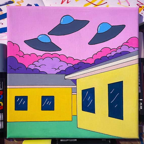 UFO Meeting/ Trippy Posca Pen Illustration on Canvas - Etsy