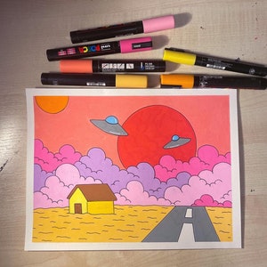 House by the Road/ Trippy Posca Pen Landscape Illustration - Etsy