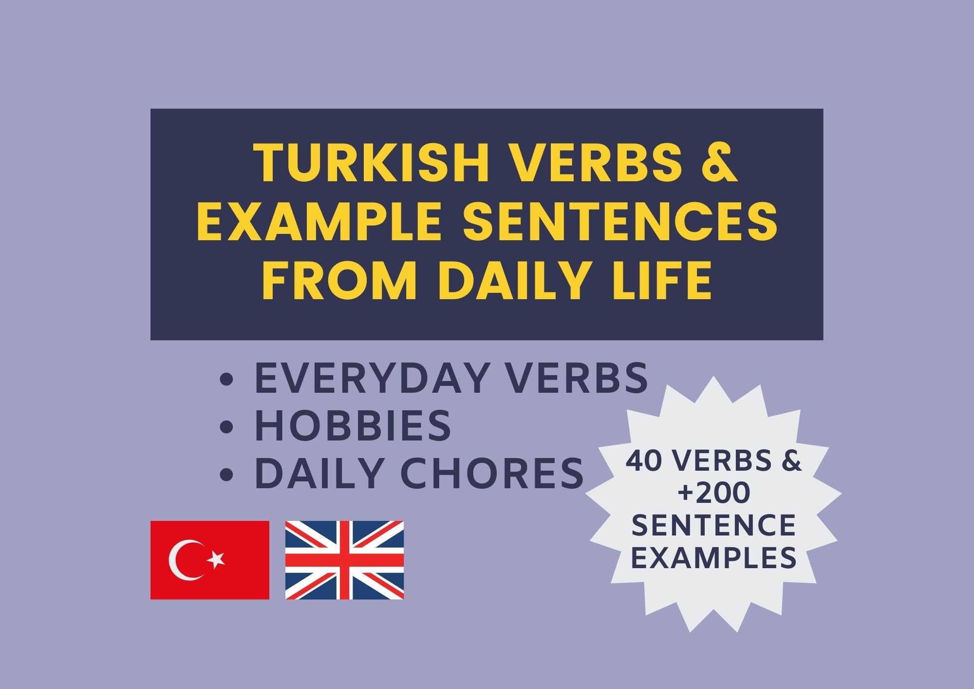 Learn Turkish Verbs With Ease: 40 Verbs & +200 Example Sentences - Etsy