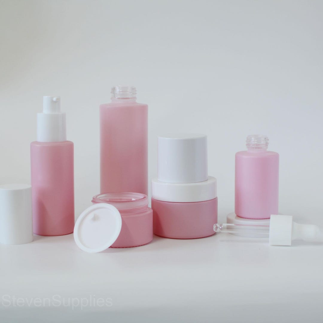 Refillable Cosmetic Packaging Sets 30ml-100ml Frosted Pink Bottle+white ...