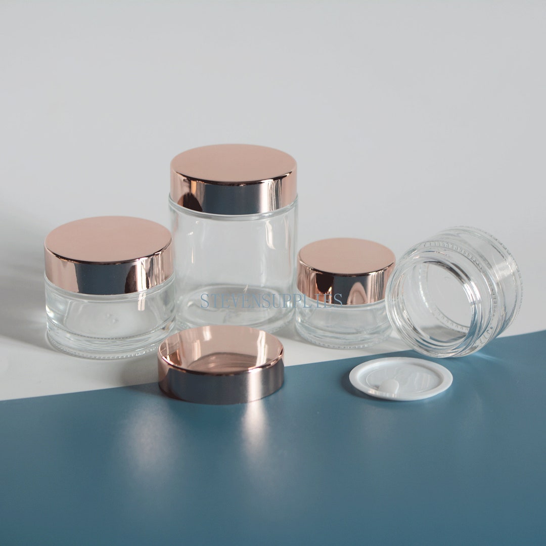 Clear Glass Face Cream Jar Cosmetic, Round Rose Gold Lids, Face Beauty ...