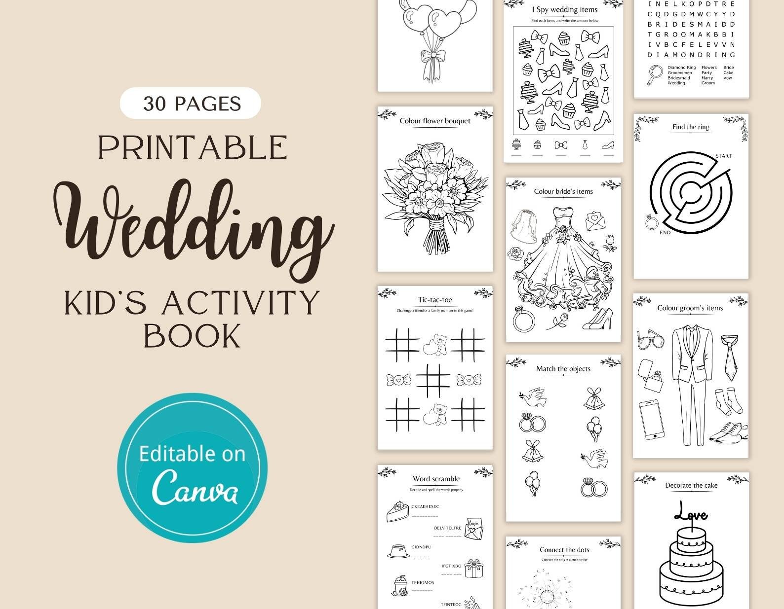 Kids Wedding Activity Booklet, 30 Pages, A4 Coloring Handout, Boho ...