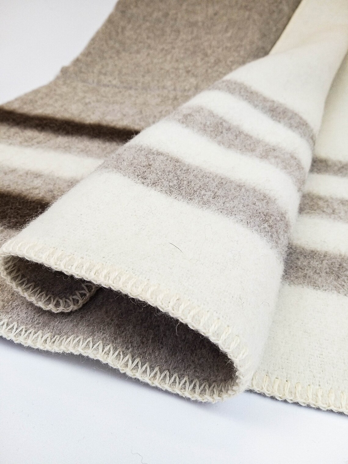 Cream Beige Wool and Cotton Throw, Brown and White Trapper Wool Blanket ...