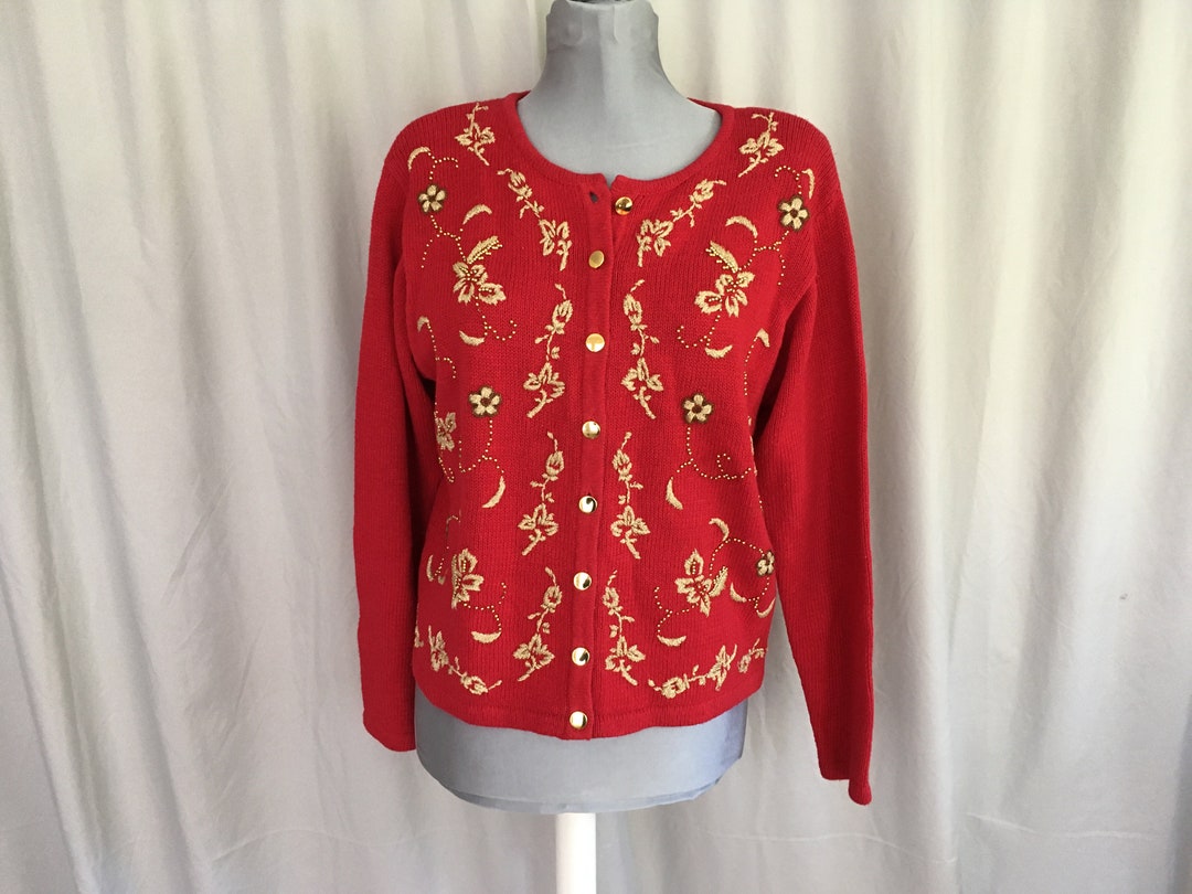 Red Womens Cardigan With Gold Beads, Red Christmas Sweater With Gold ...