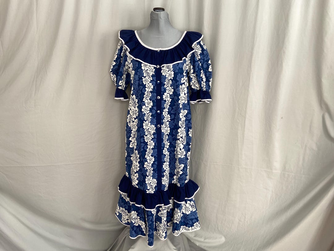 Blue Cotton Hawaiian Muumuu, Blue Tropical Caftan With Ruffles, Button ...