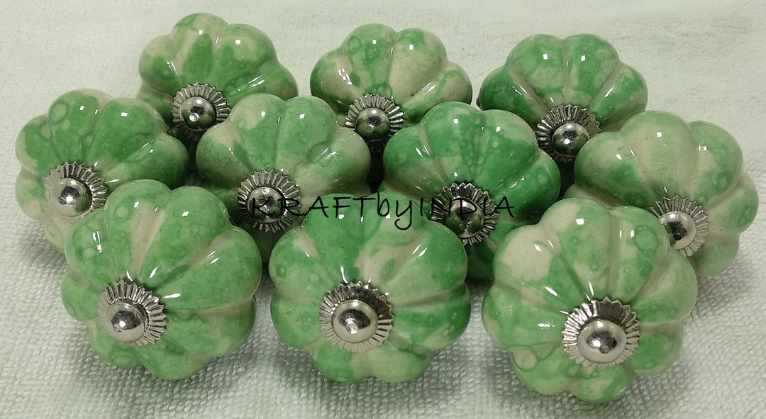 10 Green Knobs Ceramic Door Knobs Hand-painted Kitchen Cabinet Drawer ...