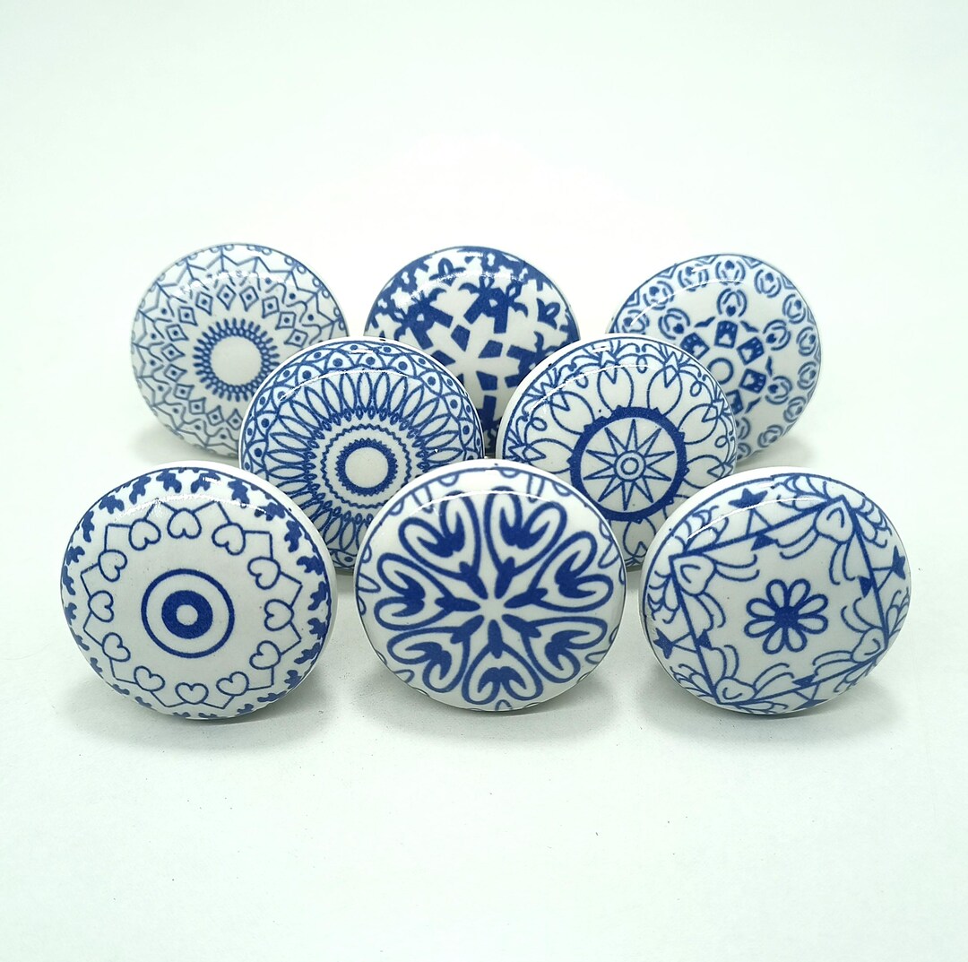Blue and White Flat Ceramic Knobs Kitchen Cabinet Drawer Knobs Hardware Knobs Drawer Pulls ...