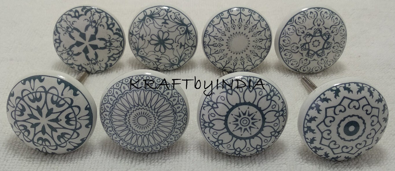 Grey and White Flat Ceramic Knobs Kitchen Cabinet Drawer Knobs | Etsy