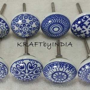 Blue and White Flat Ceramic Knobs Kitchen Cabinet Drawer Knobs Hardware Knobs Drawer Pulls ...