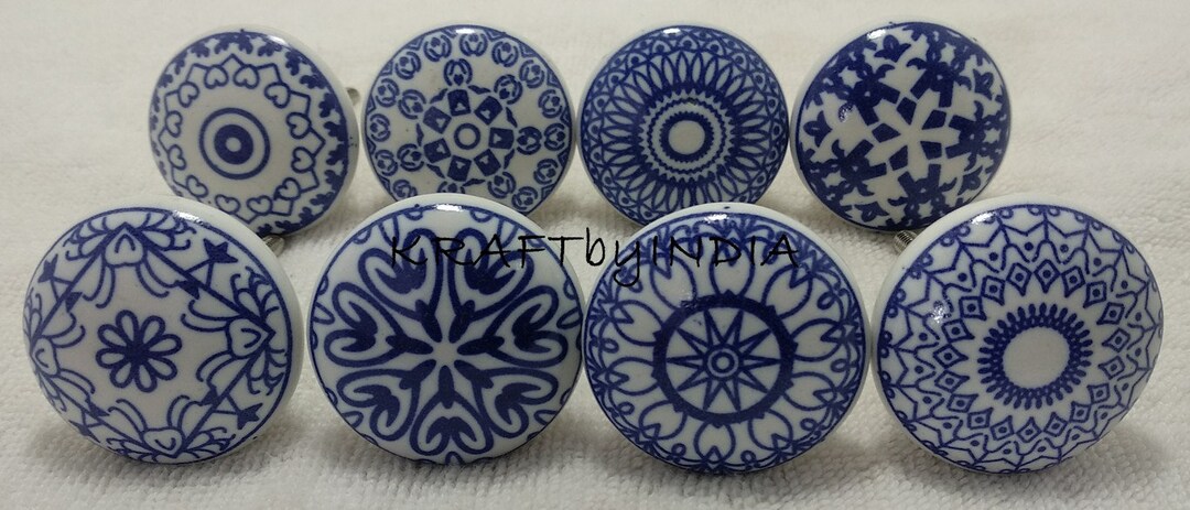 Blue and White Flat Ceramic Knobs Kitchen Cabinet Drawer Knobs Hardware Knobs Drawer Pulls ...