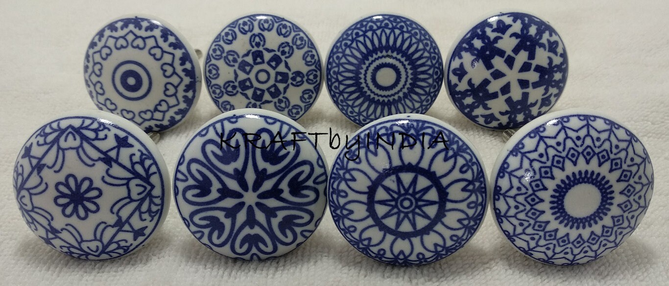 Blue and White Flat Ceramic Knobs Kitchen Cabinet Drawer Knobs - Etsy Australia