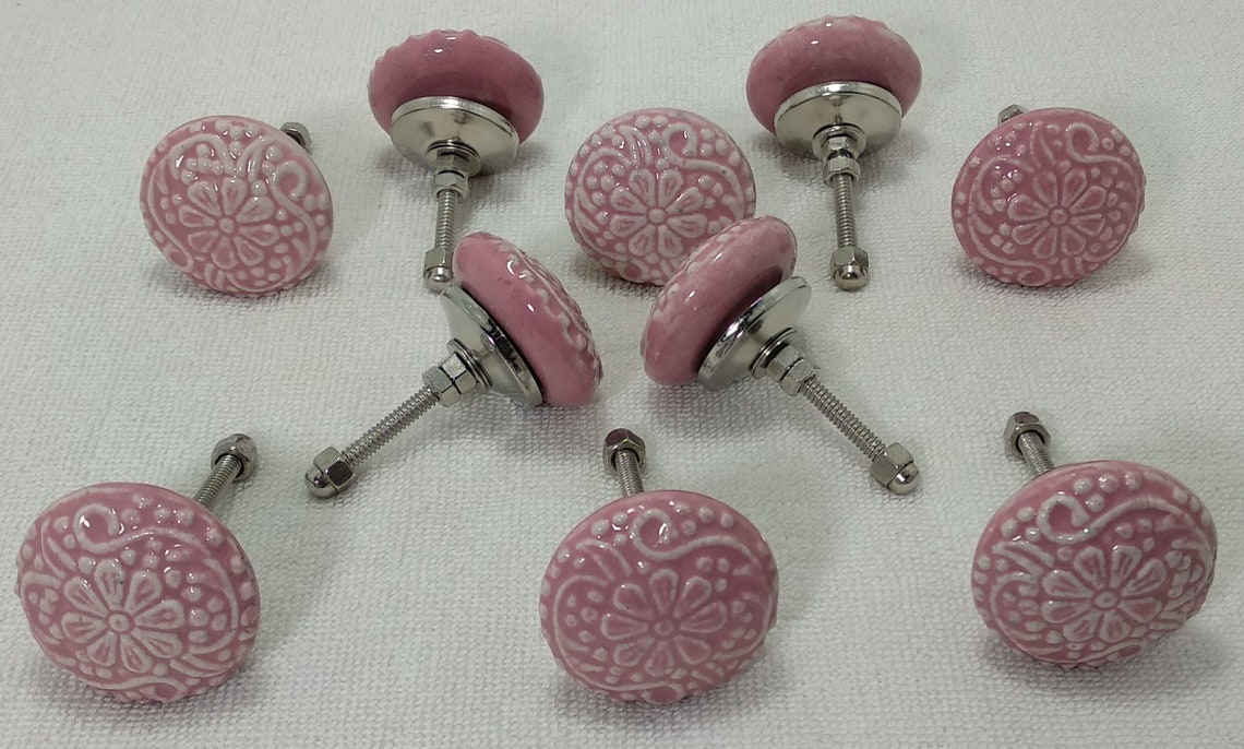 Pink Vintage Ceramic Door Knobs Handpainted Kitchen Cabinet | Etsy