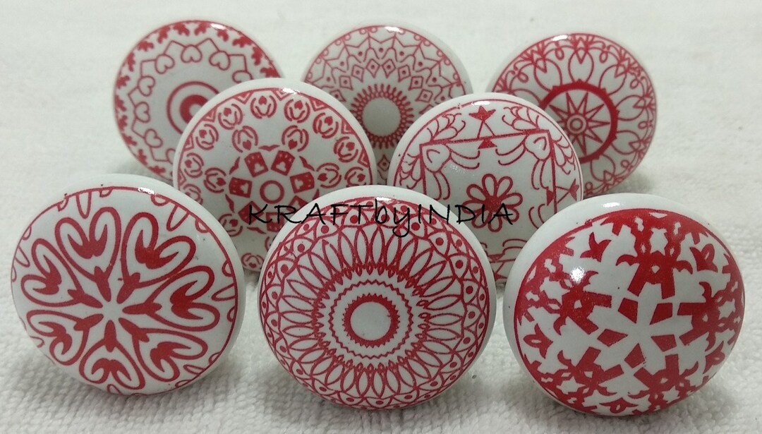 Red and White Flat Ceramic Knobs Kitchen Cabinet Drawer Knobs Hardware ...