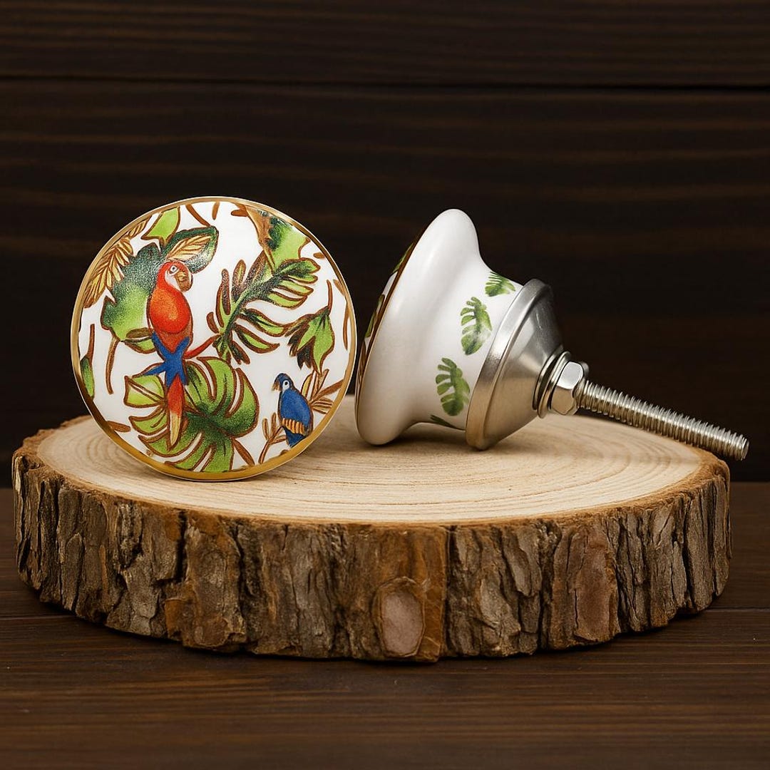 Parrot Print Ceramic Cabinet Knob, Golden Rim - Etsy