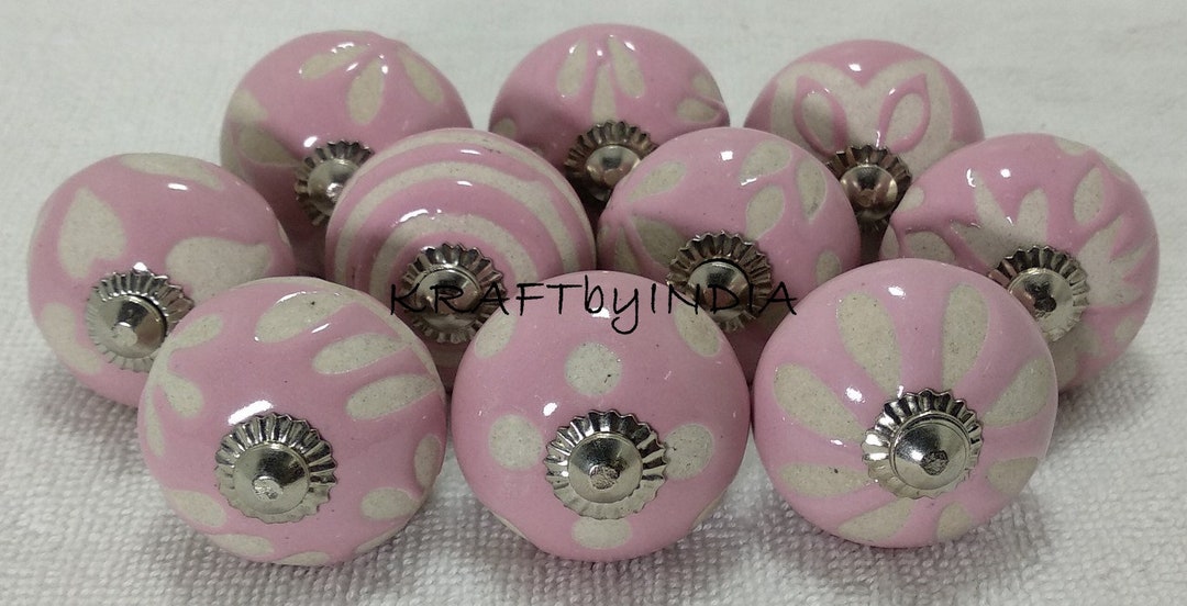 Pink Ceramic Door Knobs Handpainted Kitchen Cabinet Drawer Knobs ...