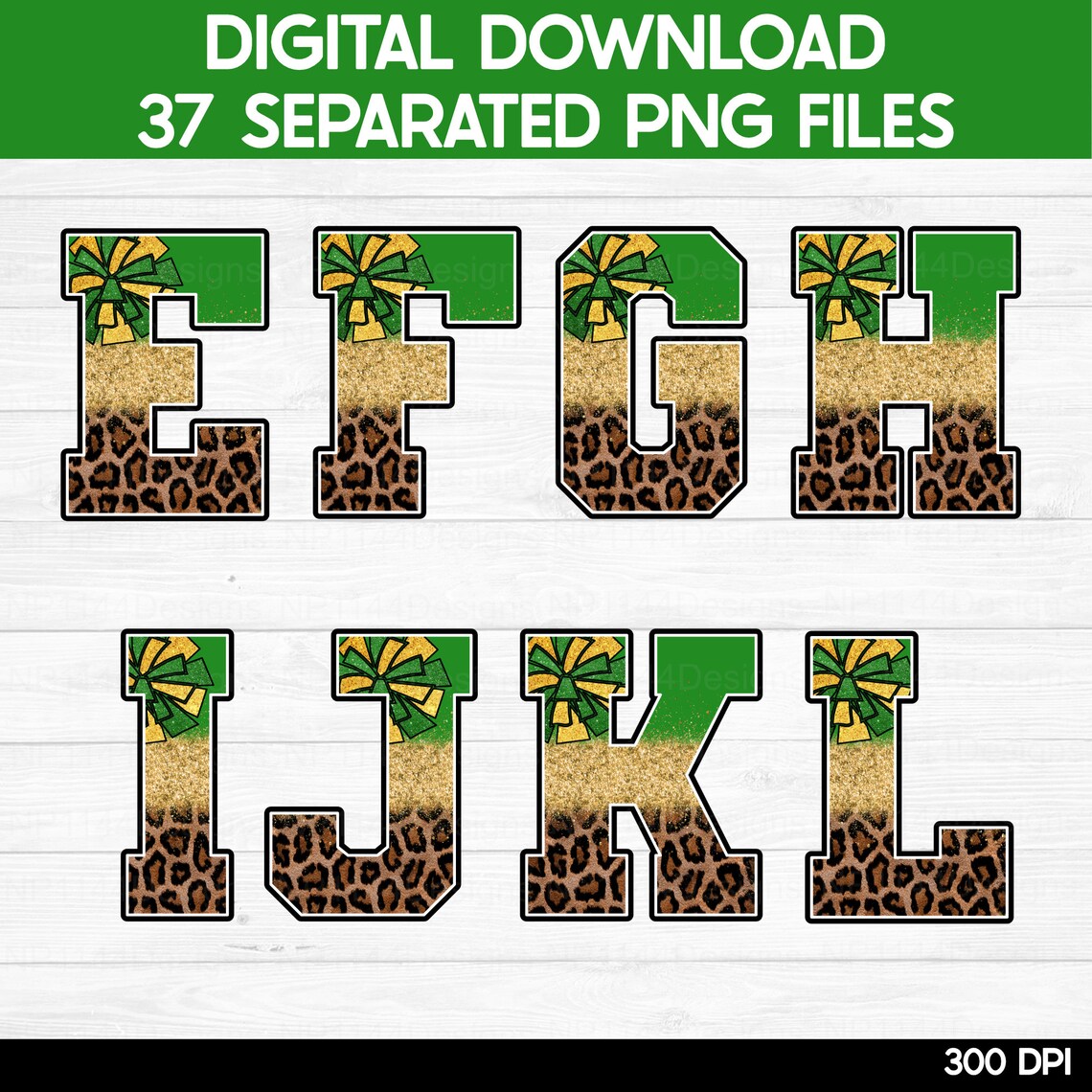 Cheer Alphabet PNG Bundle: Green & Gold Team Spirit, Varsity Letters ...