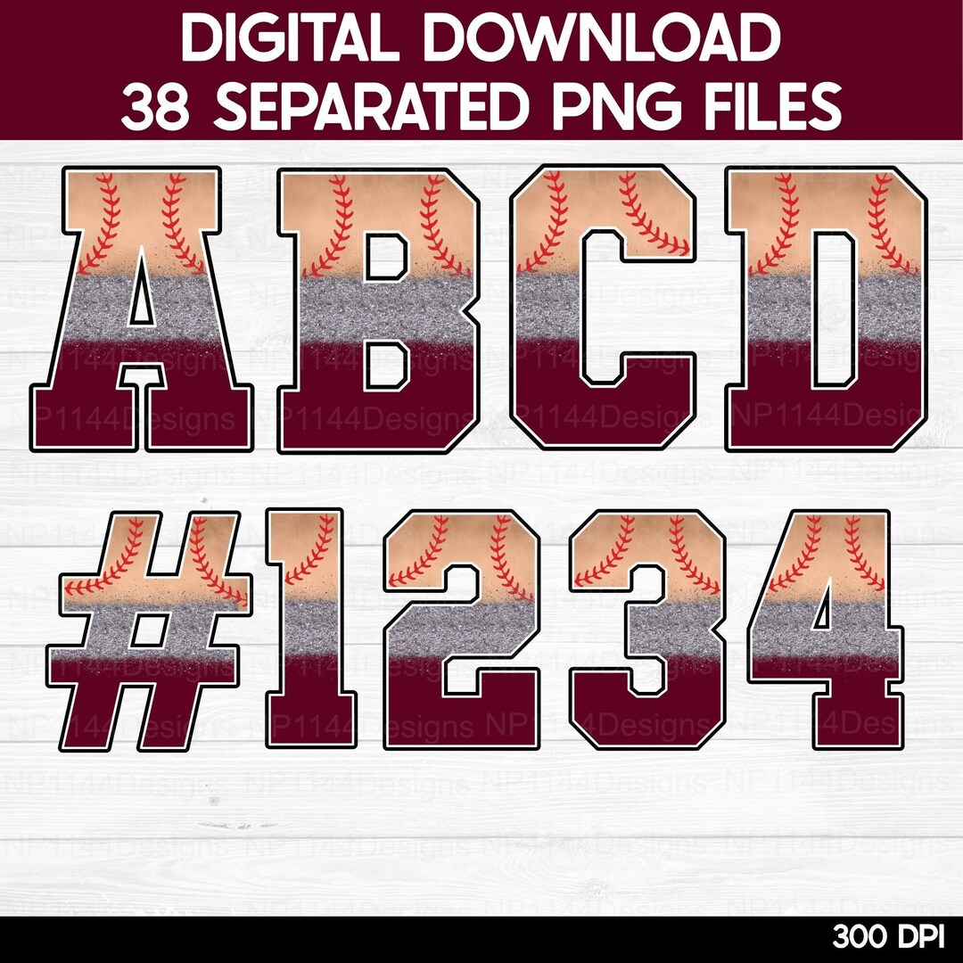Baseball Maroon and Silver Alphabet Bundle PNG, Sublimation Letters ...
