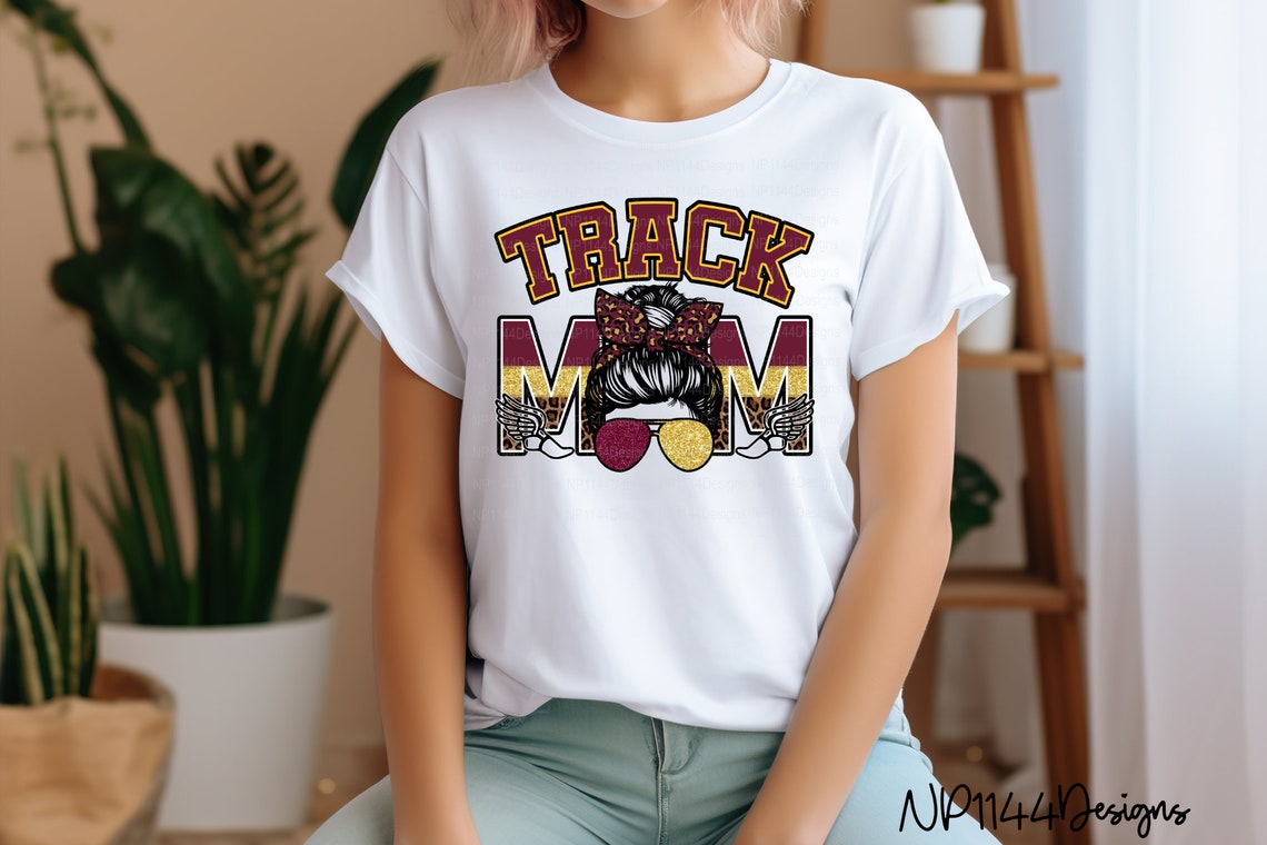 Track Mom PNG: Maroon & Gold Team Spirit, Messy Bun, Sublimation Design ...