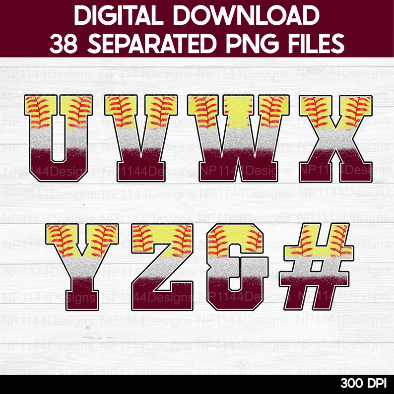 Softball Alphabet PNG Bundle: Maroon & White/silver, Varsity Letters ...