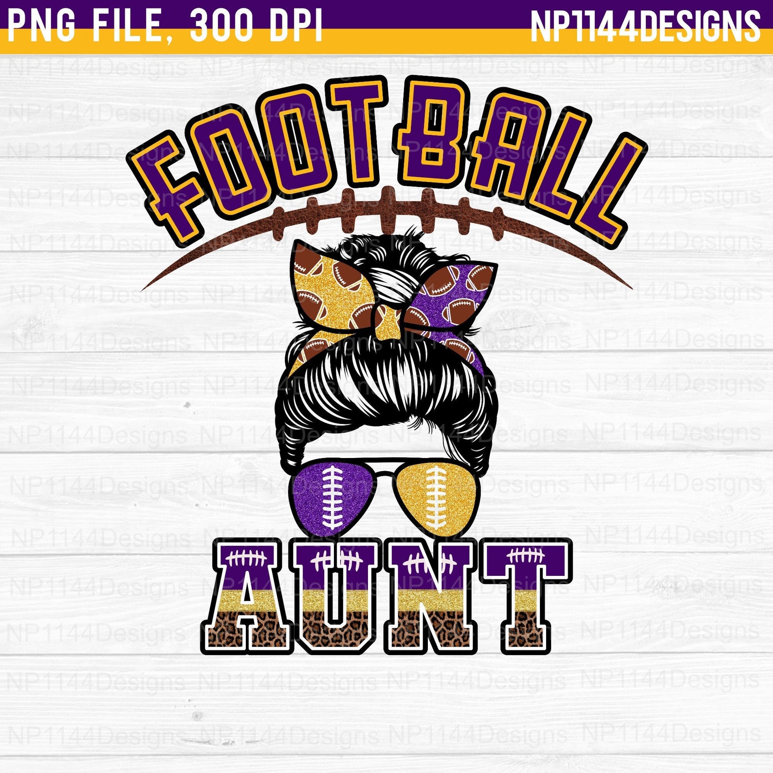 Football Aunt PNG: Purple & Gold Team Spirit, Messy Bun, Leopard Print ...