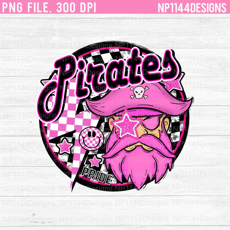 Pirates Preppy Mascot PNG: Pink Mascot, Retro School Sublimation Design ...