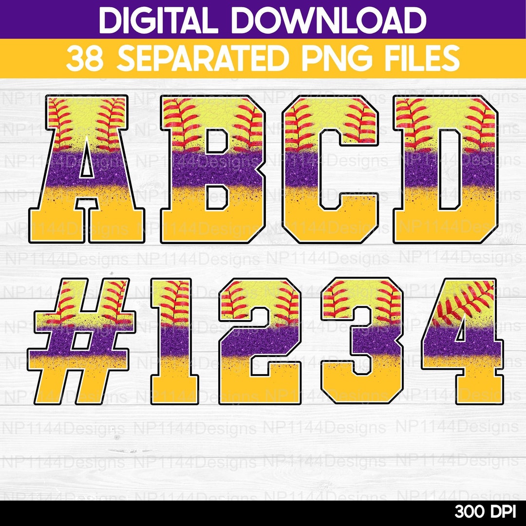 Softball Purple and Yellow Gold Alphabet Bundle PNG, Softball ...