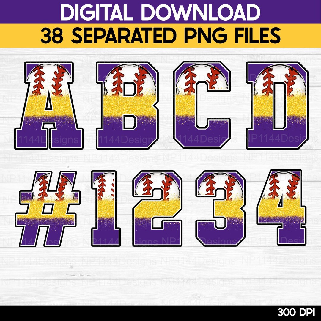 Baseball Purple Yellow Gold Alphabet Bundle PNG, Sublimation Letters ...