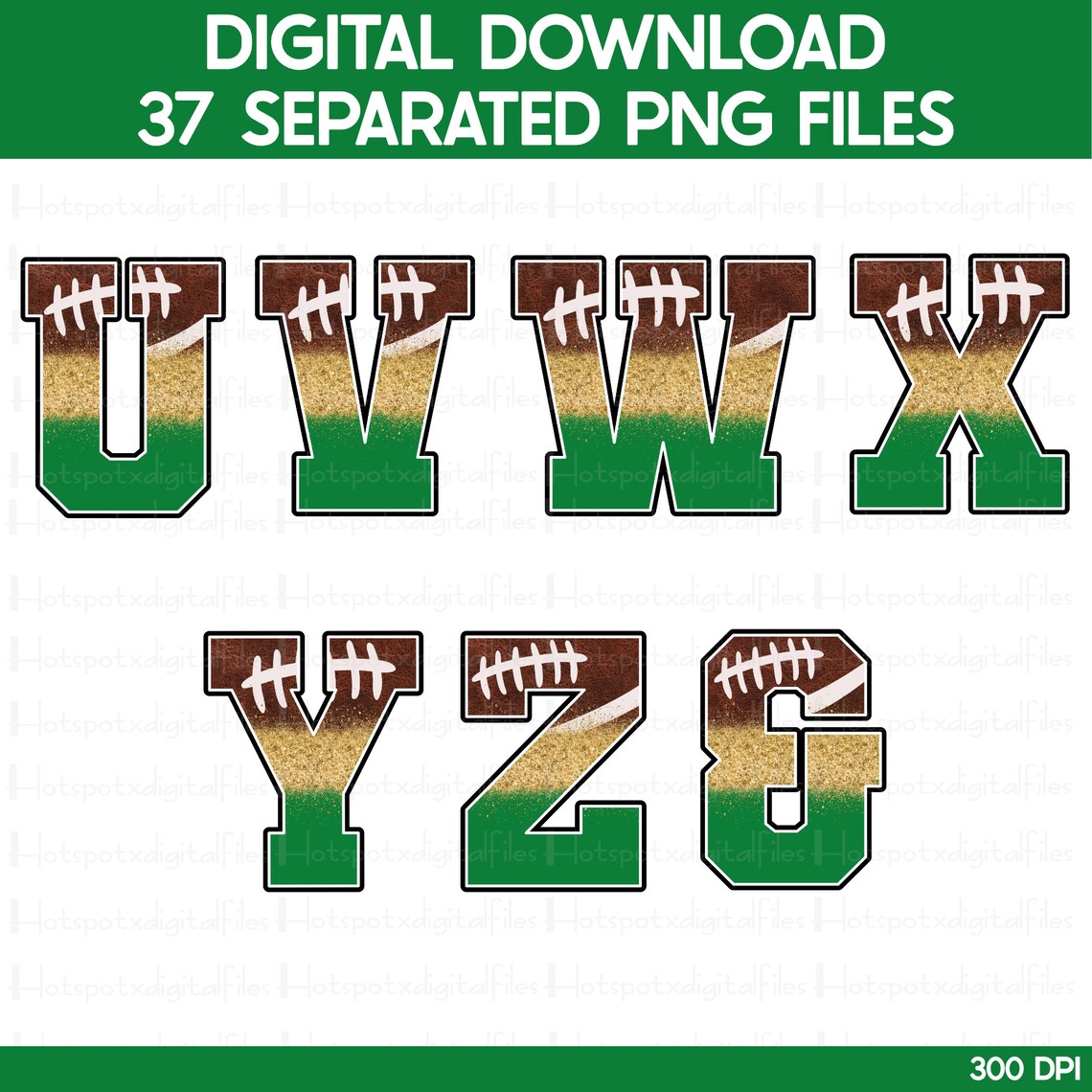 Football Alphabet PNG Bundle: Green & Gold, Varsity Letters and Numbers ...