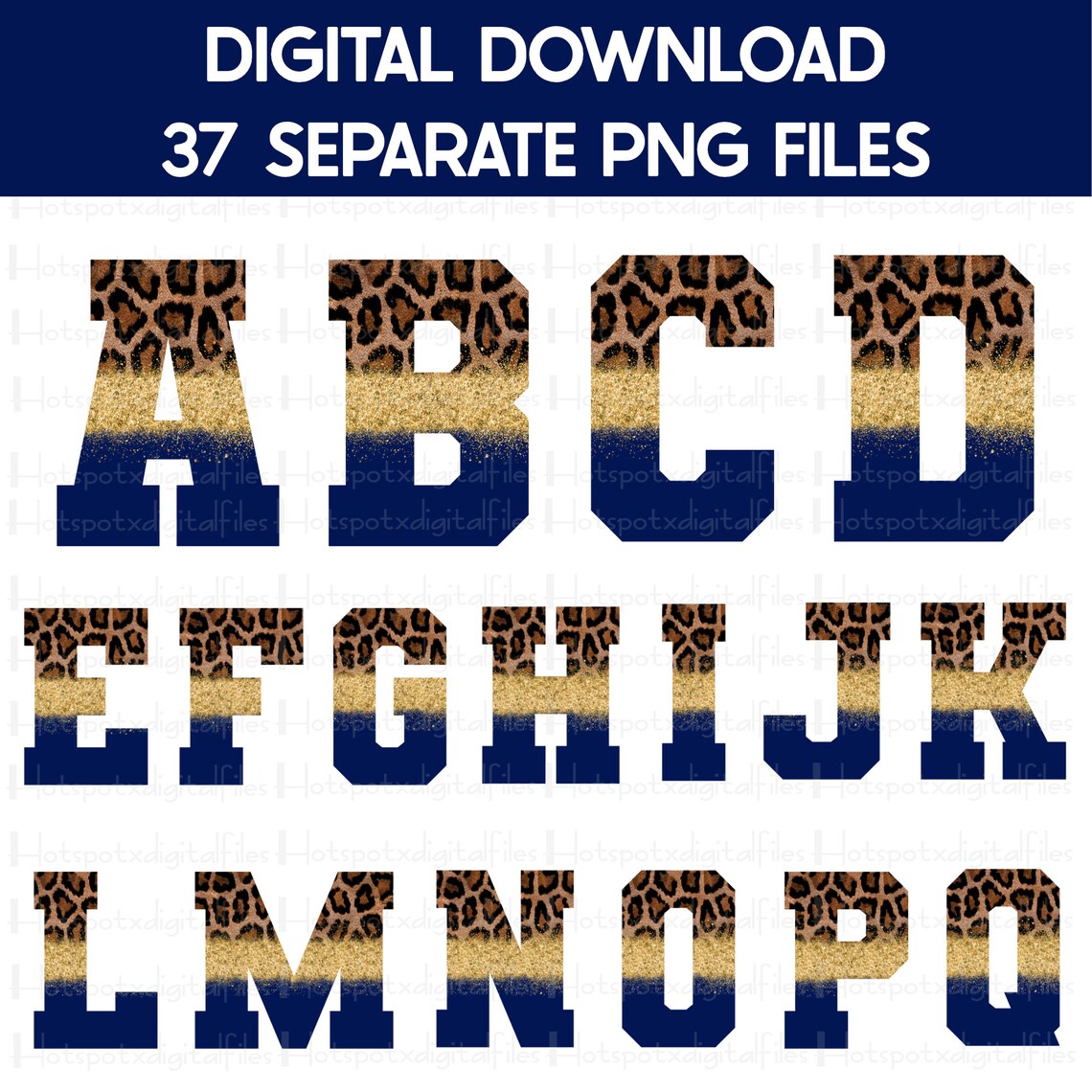Navy Blue Gold Glitter Leopard Print Alphabet Bundle PNG - Etsy