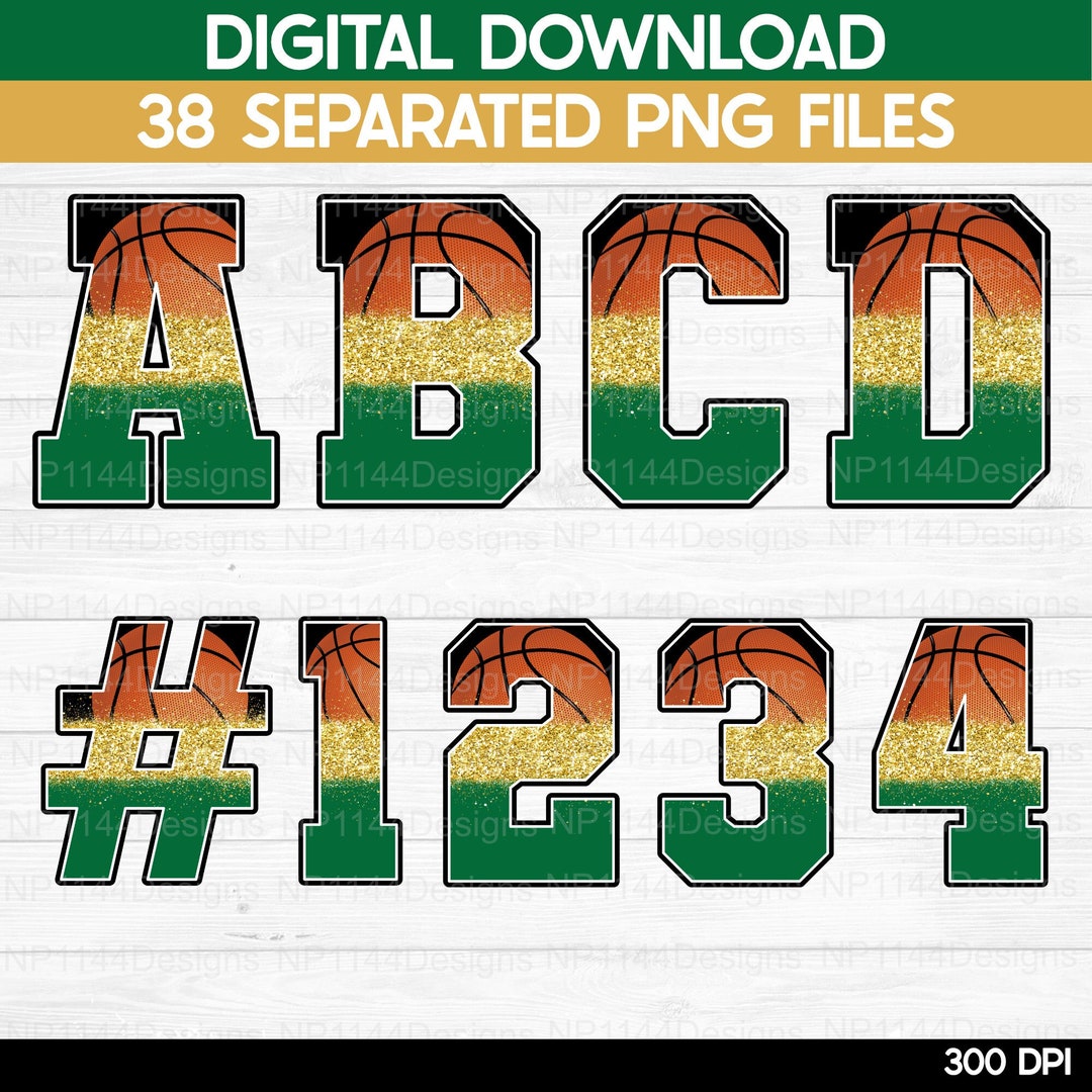 Basketball Alphabet Bundle PNG, Green and Gold Team Spirit, Glitter ...