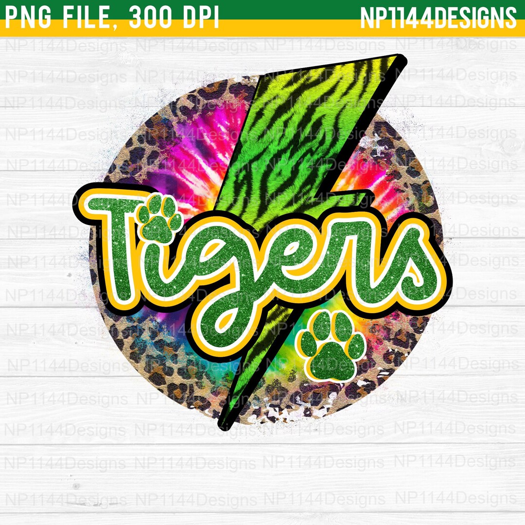 Tigers Tie Dye Lightning Bolt PNG, Tigers Paw, Green and Gold Team ...