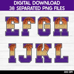 Basketball Purple and Gold Glitter Alphabet Bundle PNG, Sublimation ...