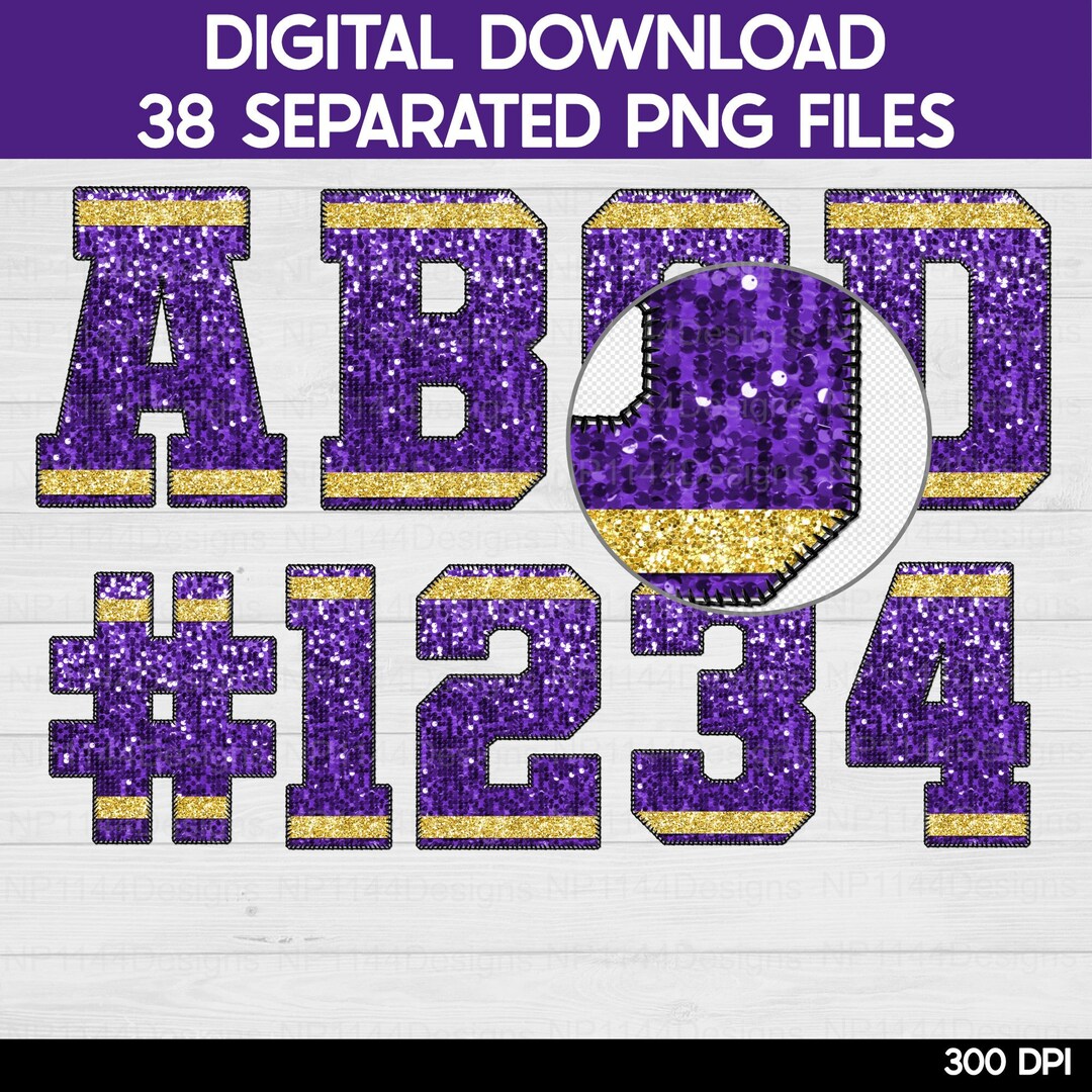 Faux Embroidery Sequin Letters PNG, Purple and Gold Alpha Bundle ...