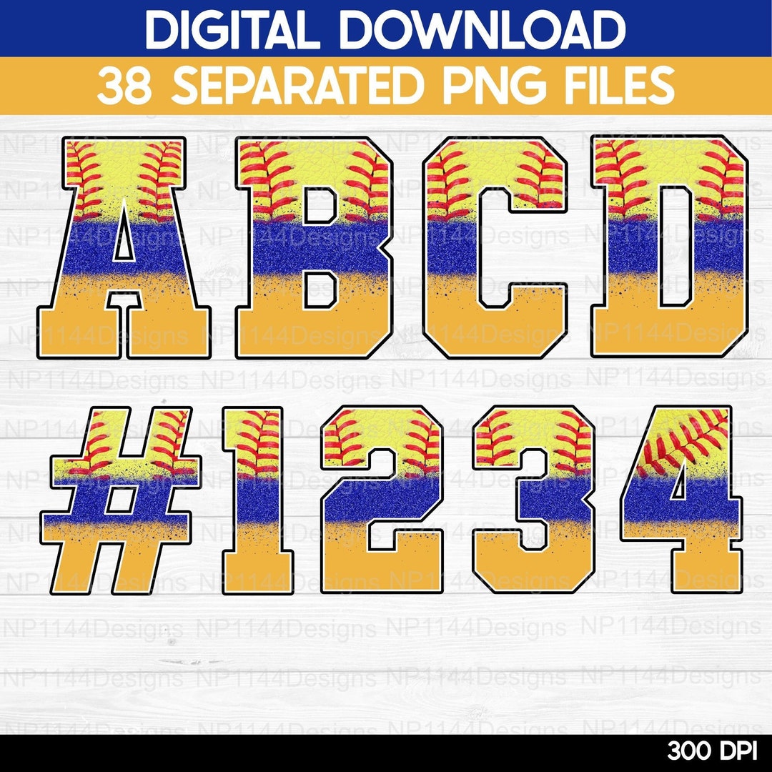 Softball Blue and Yellow Gold Alphabet Bundle PNG, Softball Sublimation ...